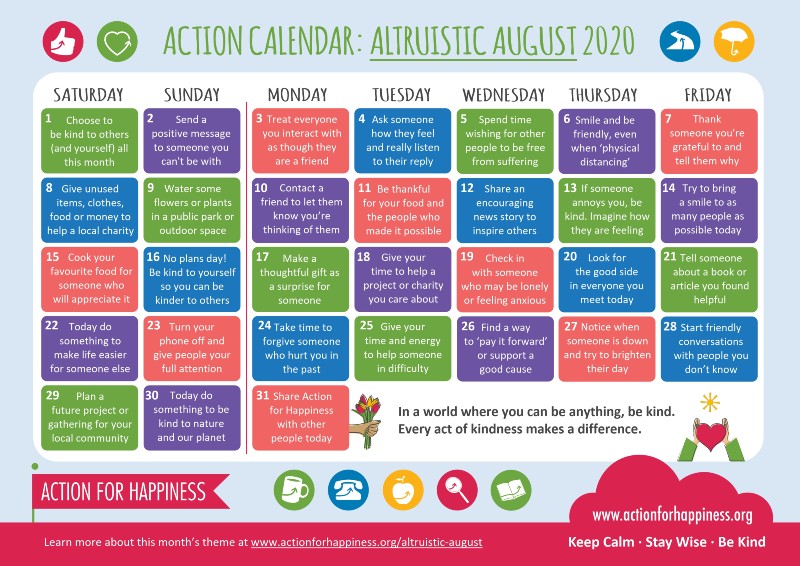 Altruistic August – this month’s Action for Happiness calendar – FHT Blog